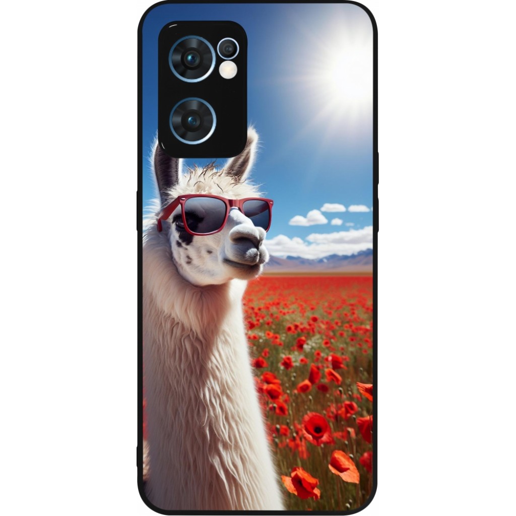 OPPO Reno7 5G Case Hülle - Silikon schwarz Lama Chic in Mohnblume